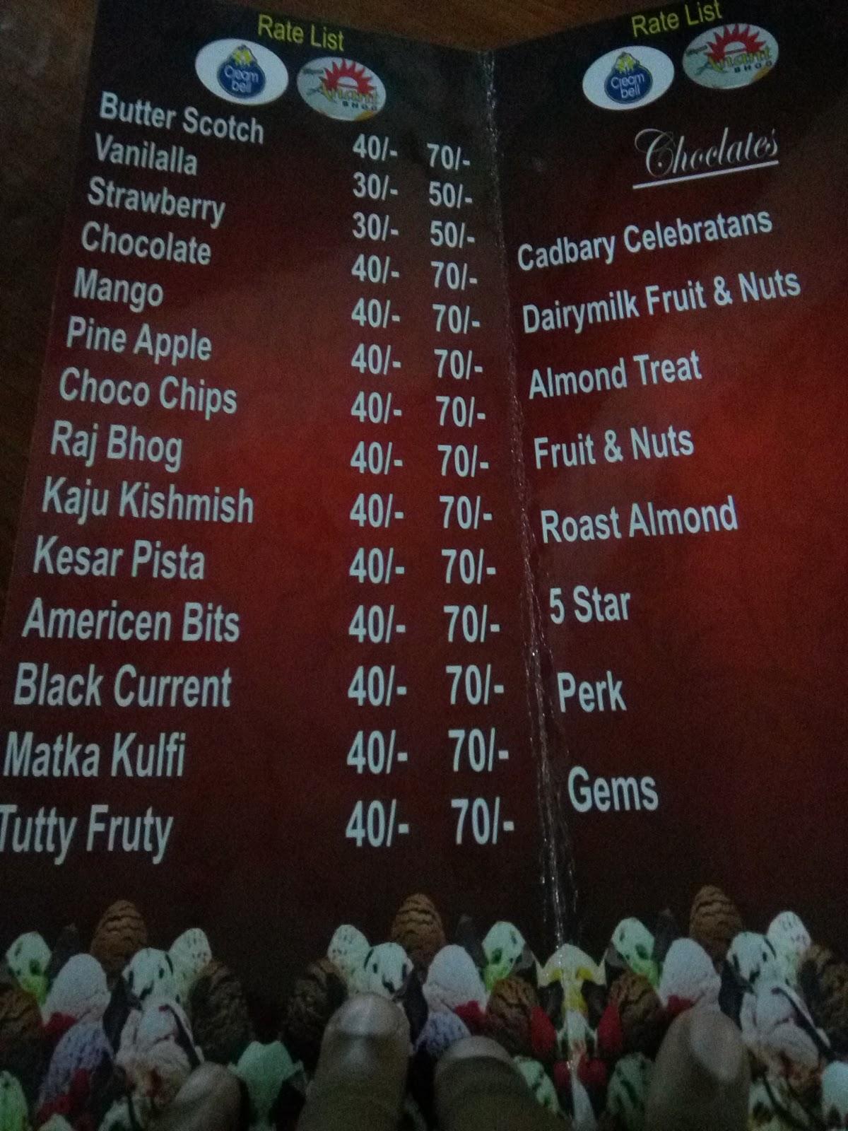 Menu at Cream Bell Shiva Ice Cream parlour, Malaon
