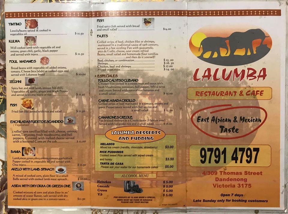 Menu at Lalumba Restaurant & Cafe, Dandenong