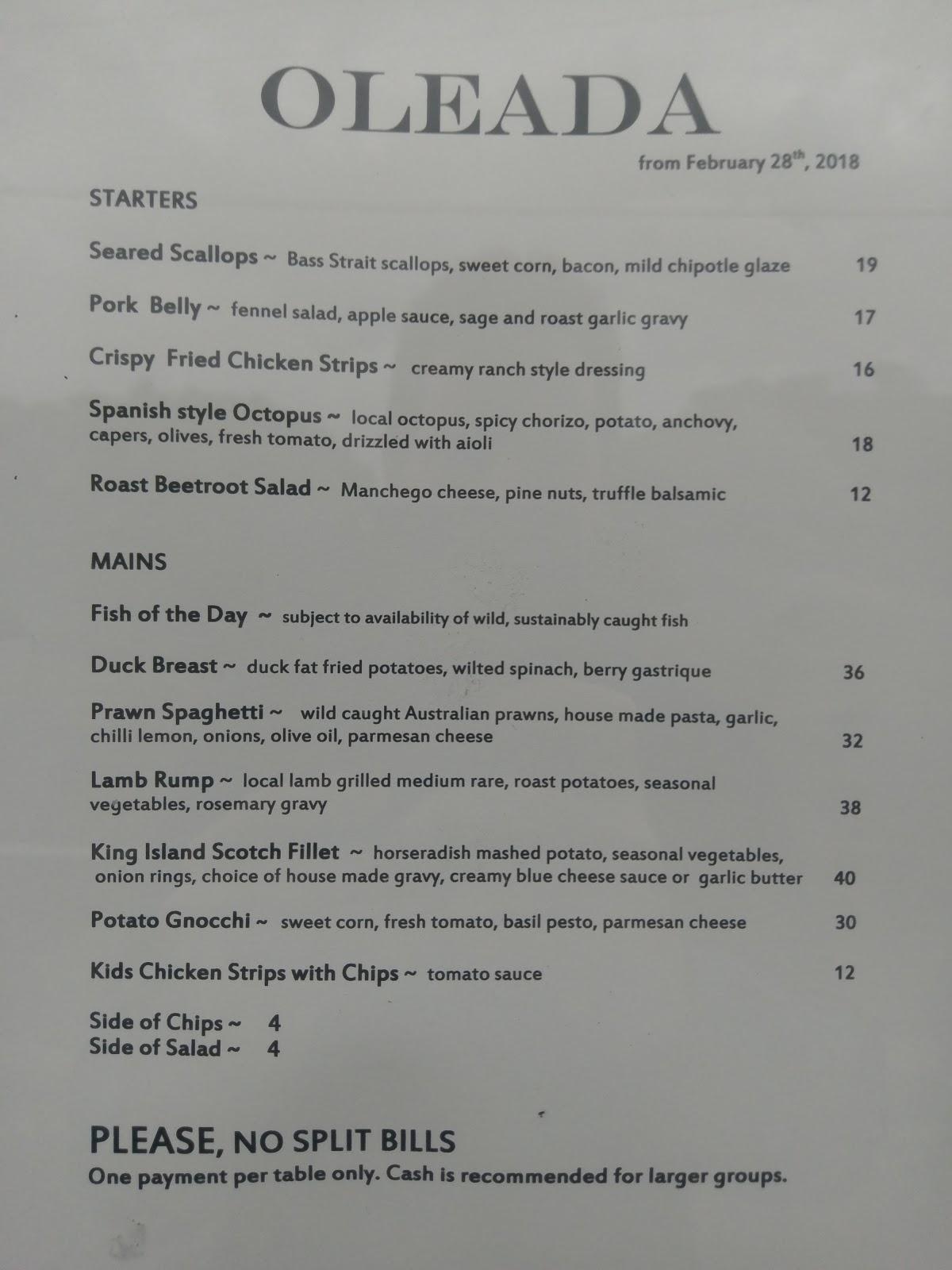 Menu at Oleada restaurant, Currie