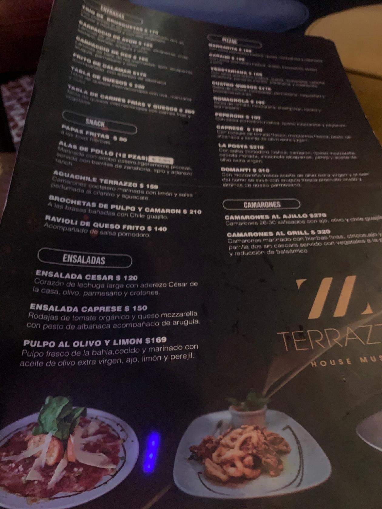 Menu at Terrazo house bar, Puerto Vallarta