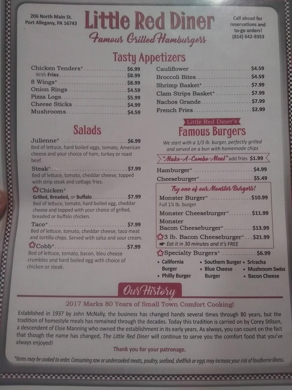 Menu at The Little Red Diner restaurant, Port Allegany