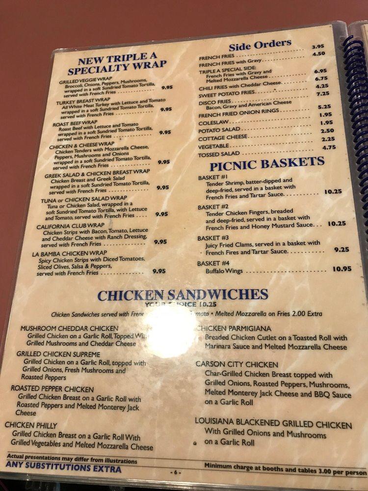 Menu at Triple-A Diner Restaurant, East Hartford