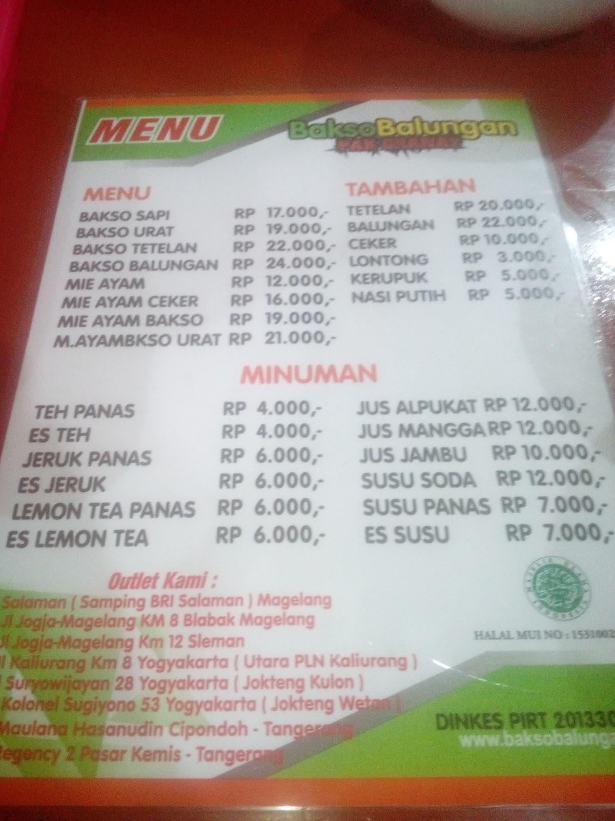 Menu at BAKSO BALUNGAN & MIE AYAM CEKER restaurant, Tangerang