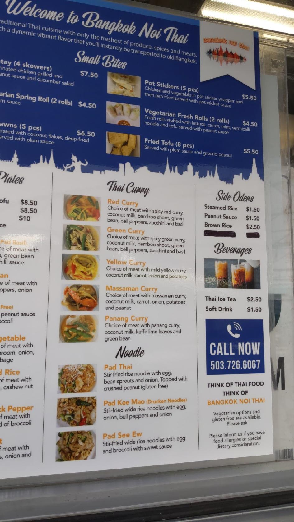 Menu at Bangkok Noi Thai restaurant, Newberg