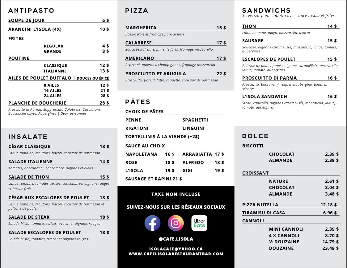 Menu at Café L'Isola Restaurant Bar, Canada