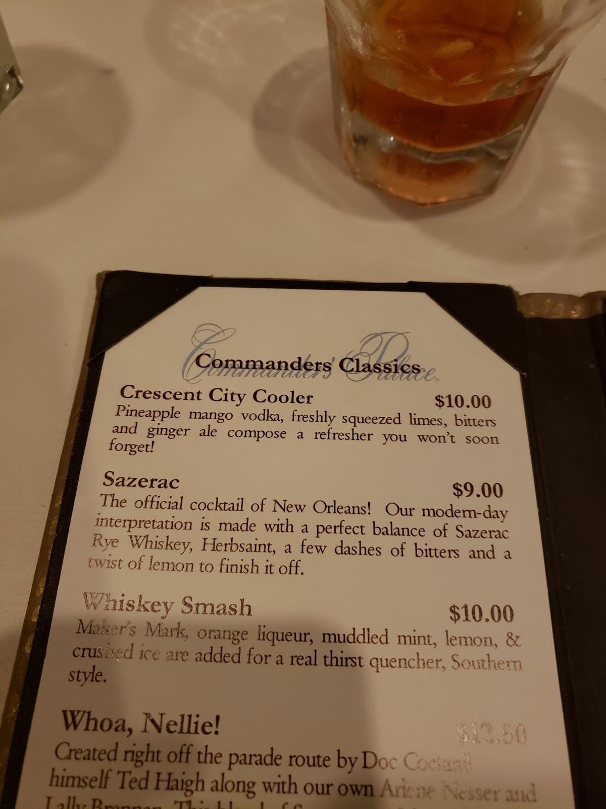 Menu at Commander's Palace pub & bar, New Orleans