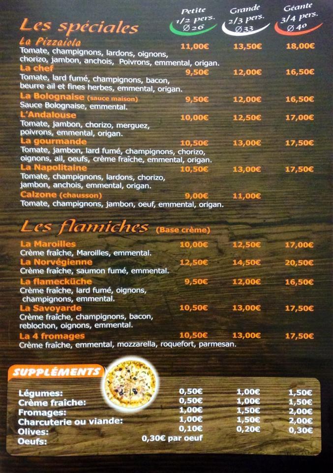Menu au La Pizzaiola restaurant, Arras