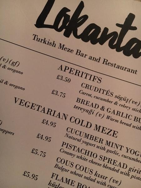 Menu at Lokanta restaurant, Sheffield