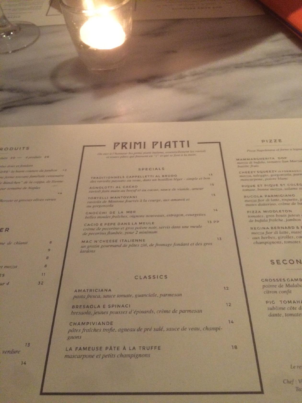 Menu at Mamma Primi restaurant, Paris