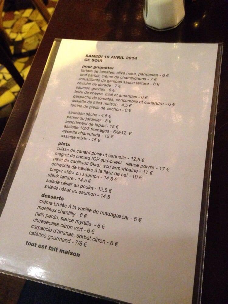 Menu at Monsieur restaurant, Paris, 80 Bd Richard-Lenoir