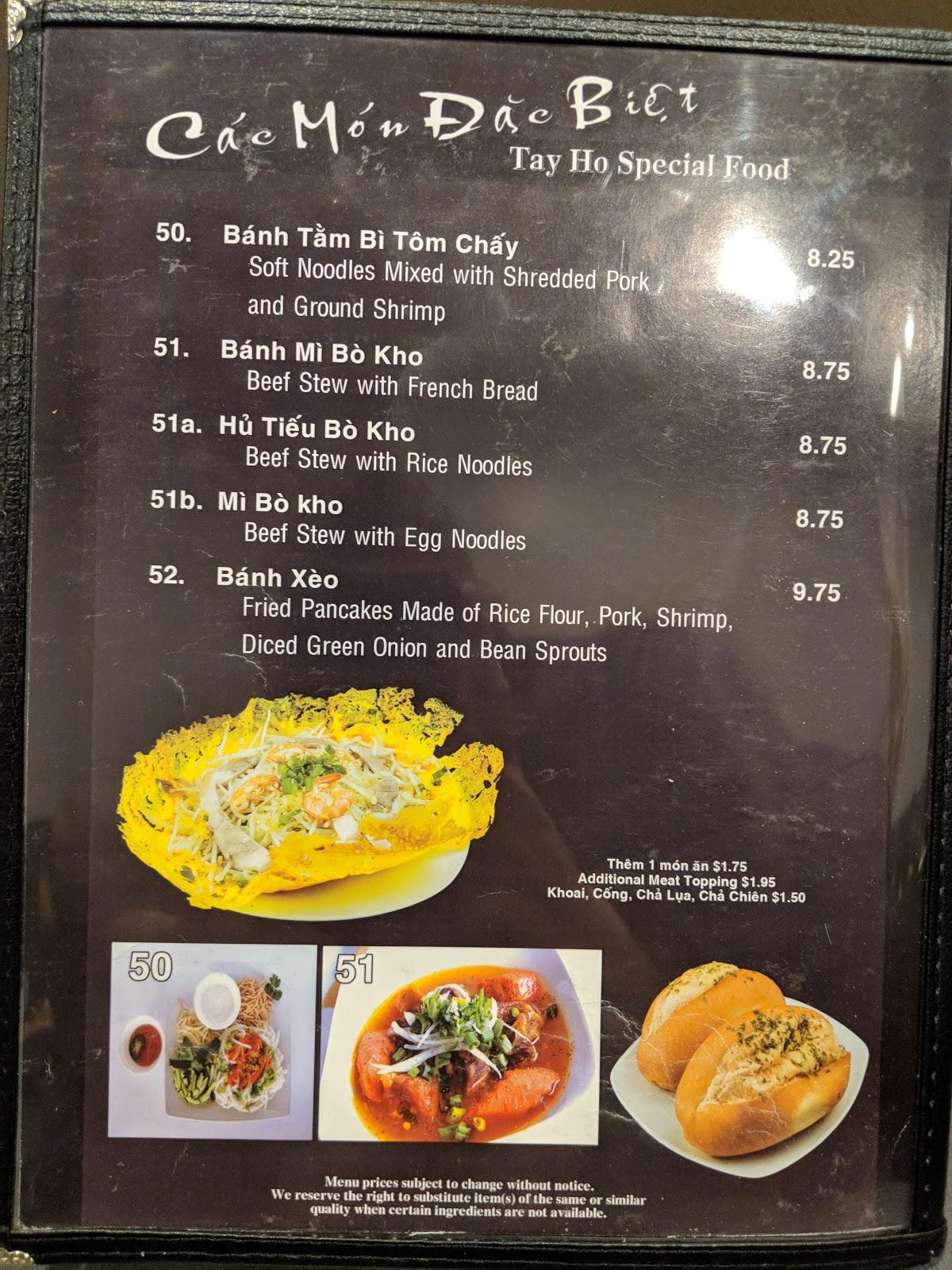 Menu at Tay Ho restaurant, Santa Clara