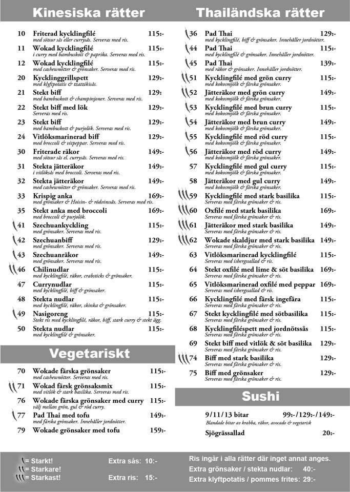 Menu at Thai Palace restaurant, Älmhult