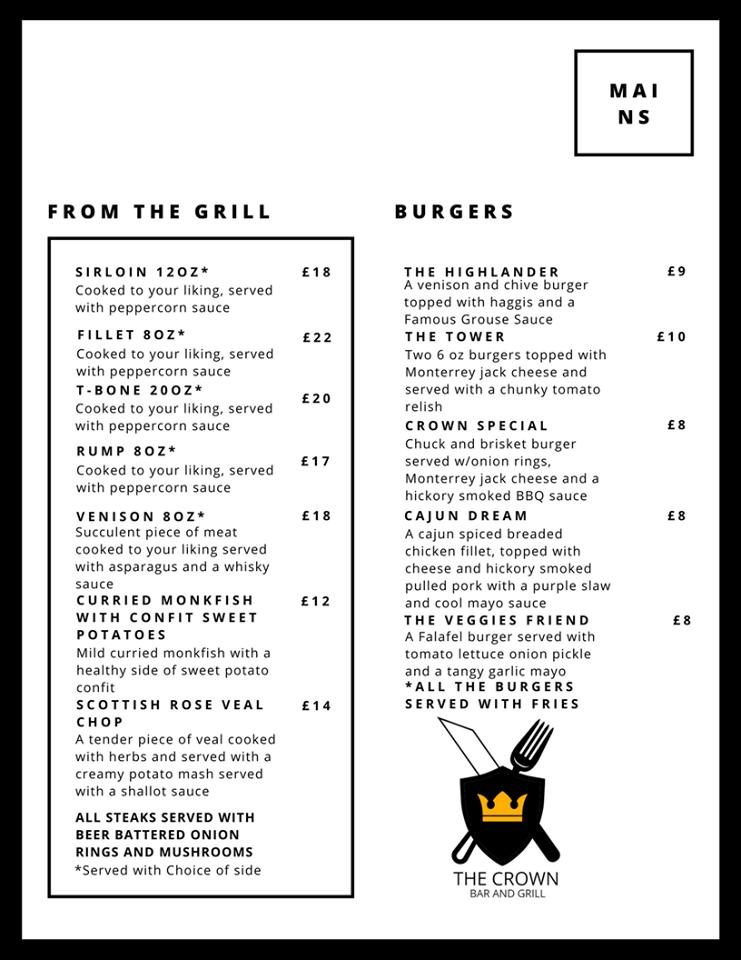 Menu at The Crown Bar and Grill, Paisley