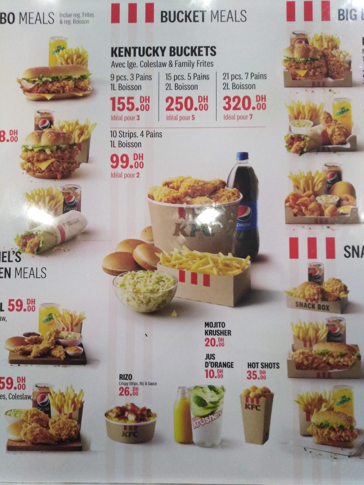 Carta del restaurante KFC, Marrakech