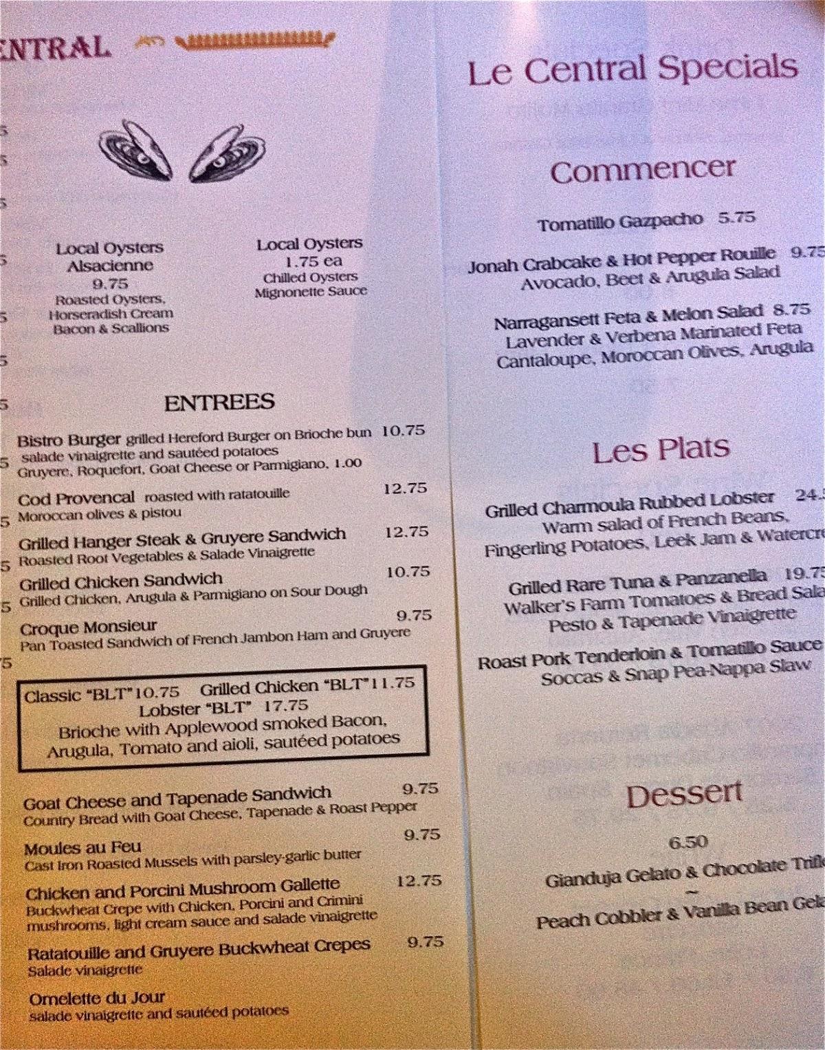 Menu at Le Central pub & bar, Bristol, 483 Hope St