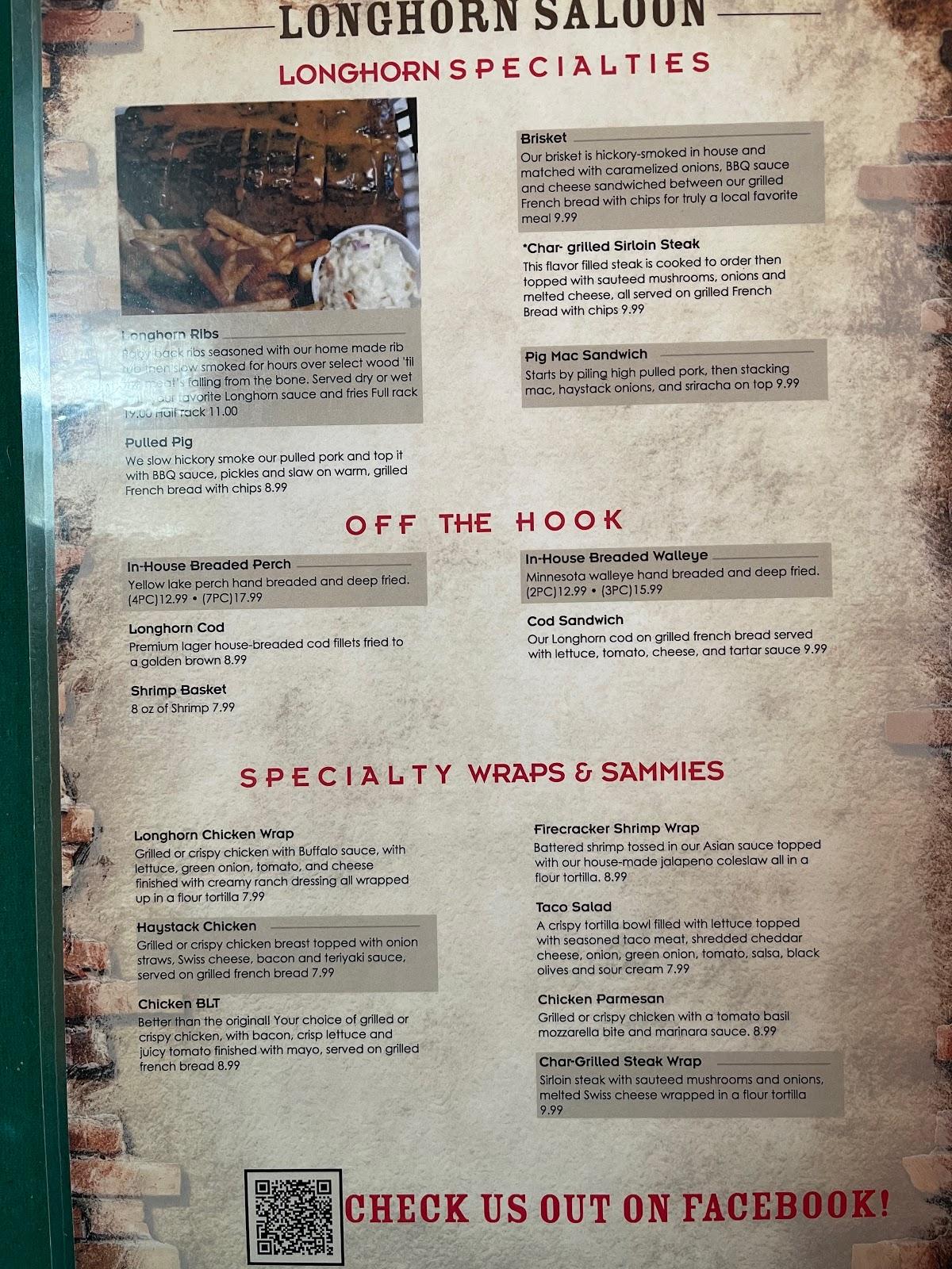 Carta del pub y bar Longhorn Saloon, Shawano, S Main St