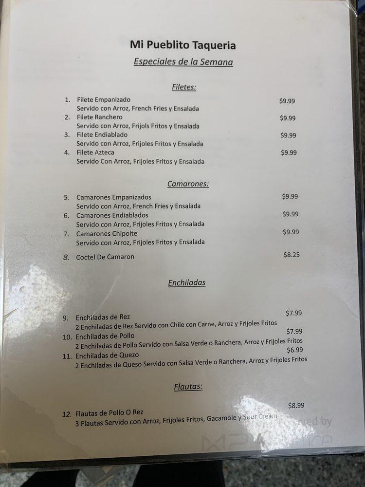 Menu at Mi Pueblito restaurant, Dallas