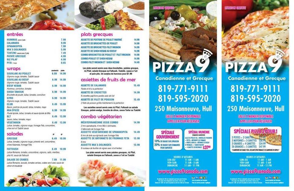 Menu au PIZZA 9 pizzeria, Gatineau