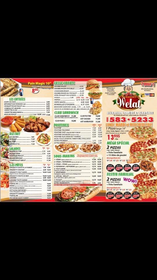Menu au Pizza Welat - Verchères pizzeria, Canada