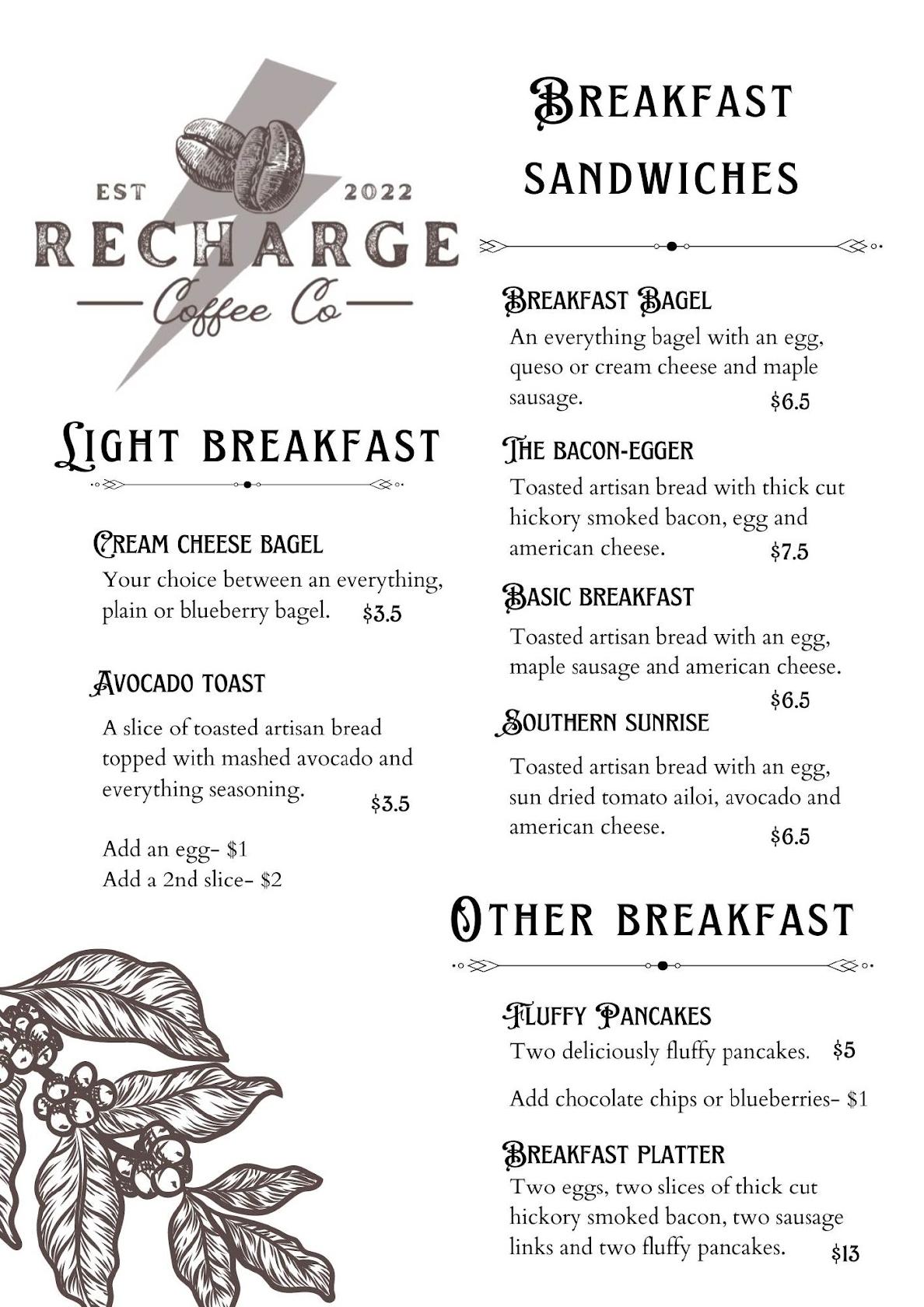 Menu at Recharge Coffee Co, Van Horne