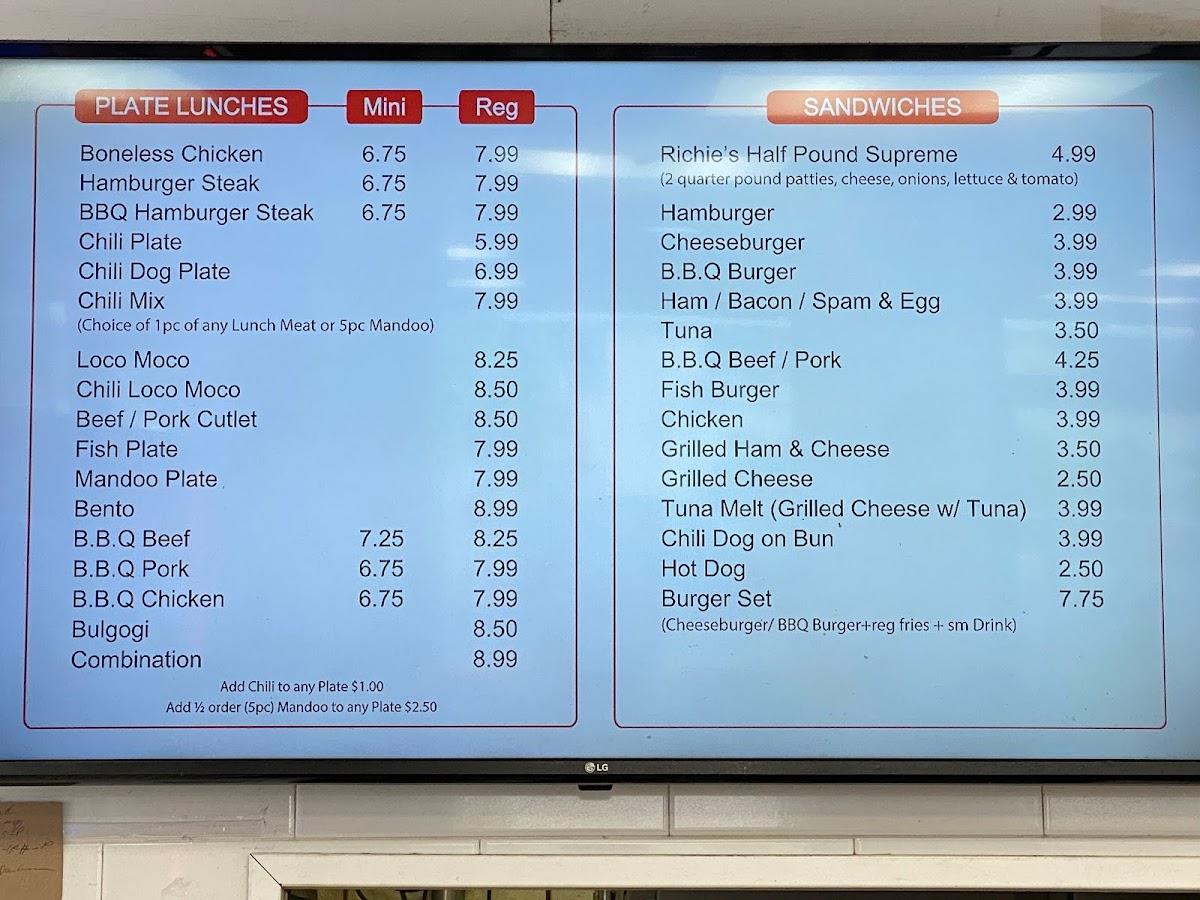 Menu at Richie's Drive Inn restaurant, Honolulu
