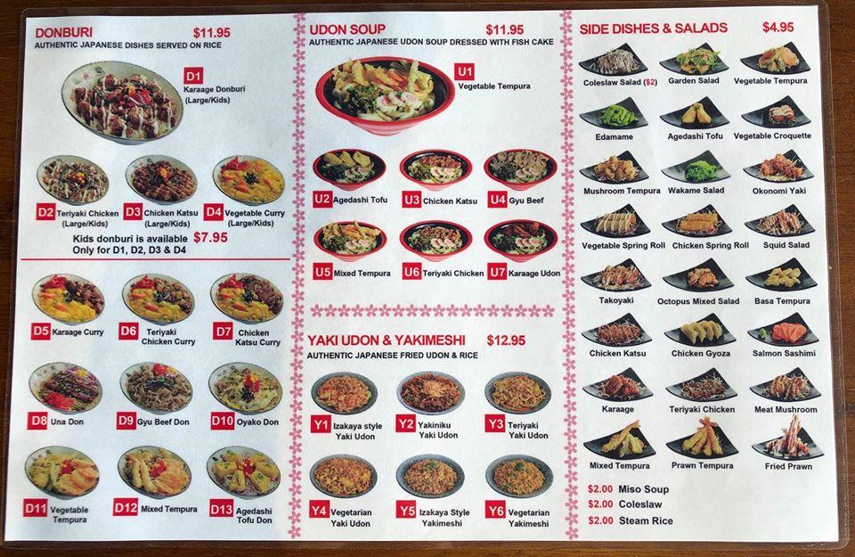 Menu at Shokuji Japanese Restaurant, Claremont