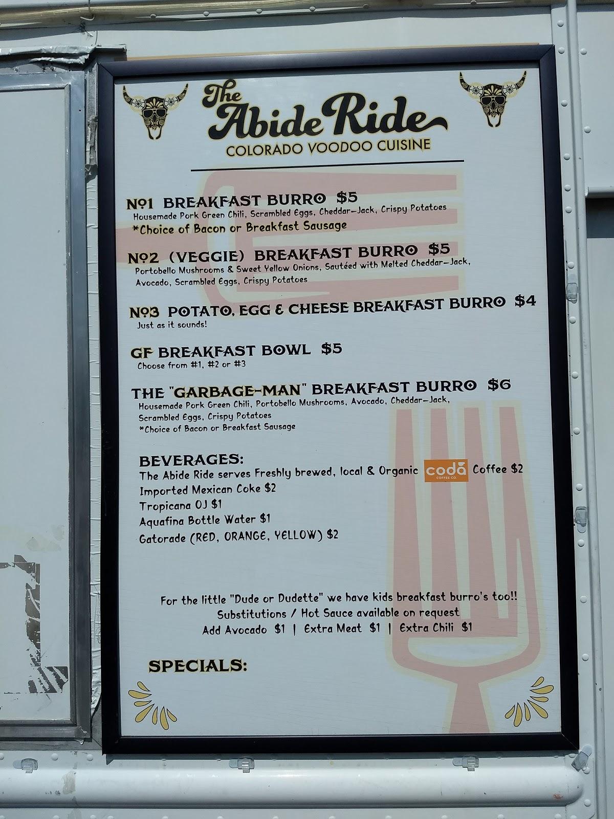 Menu at The Abide Ride restaurant, Conifer