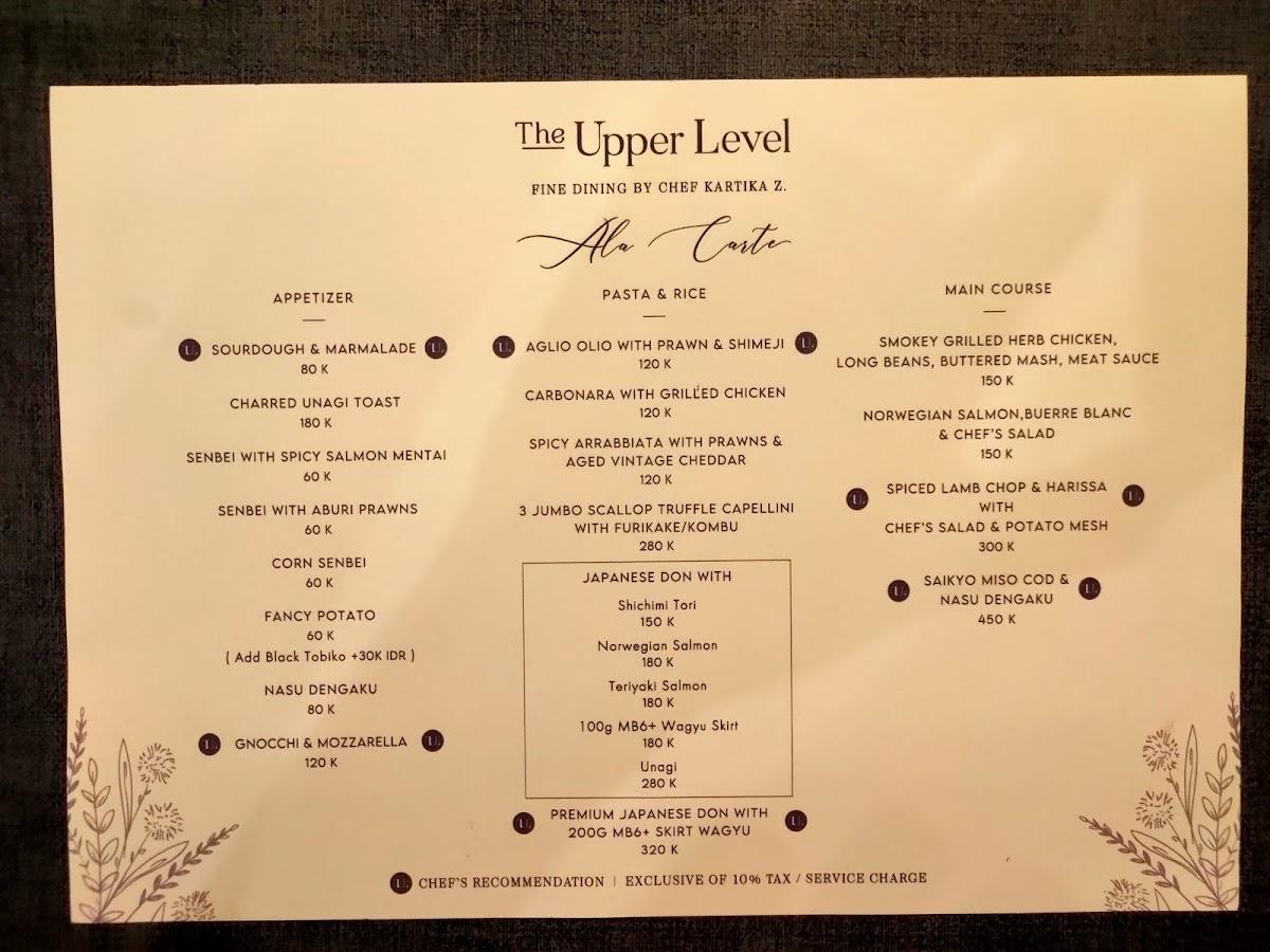 Menu at The Upper Level restaurant, Medan