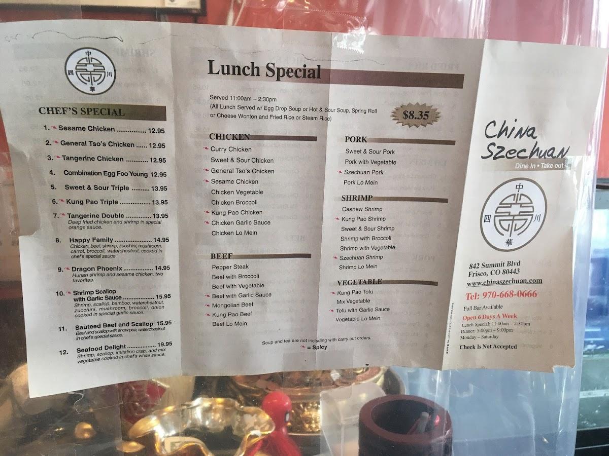 Menu at China Szechuan restaurant, Frisco