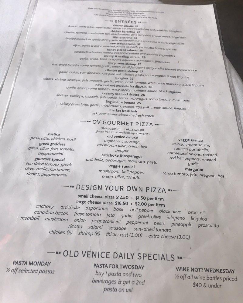 Menu at Old Venice Restaurant, San Diego