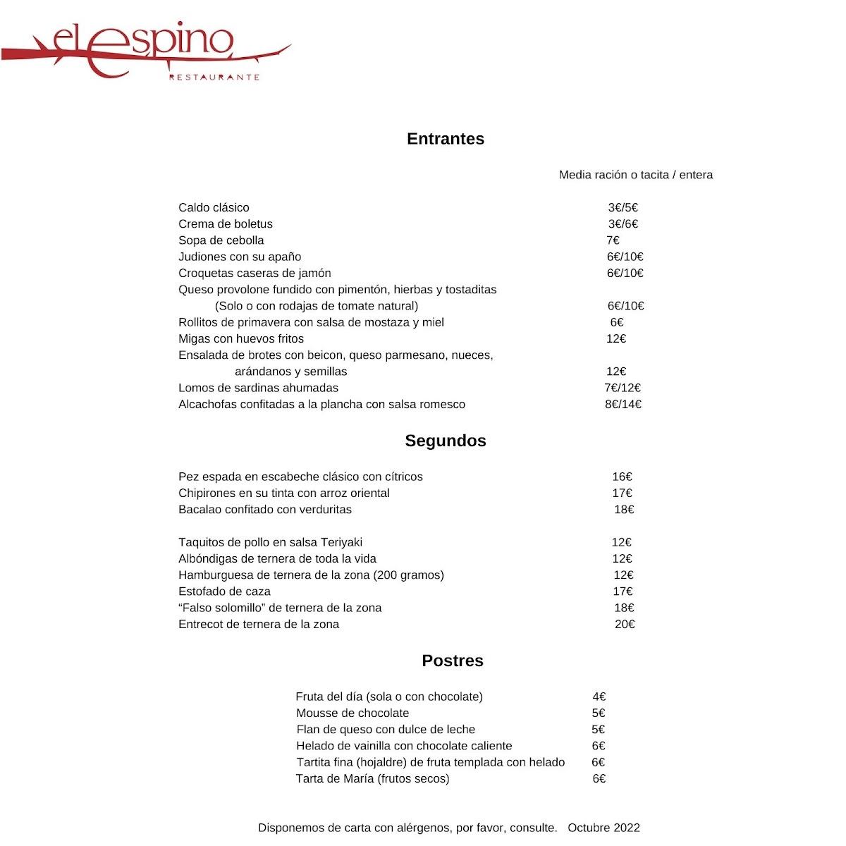 Carta del restaurante El Espino, El Espinar
