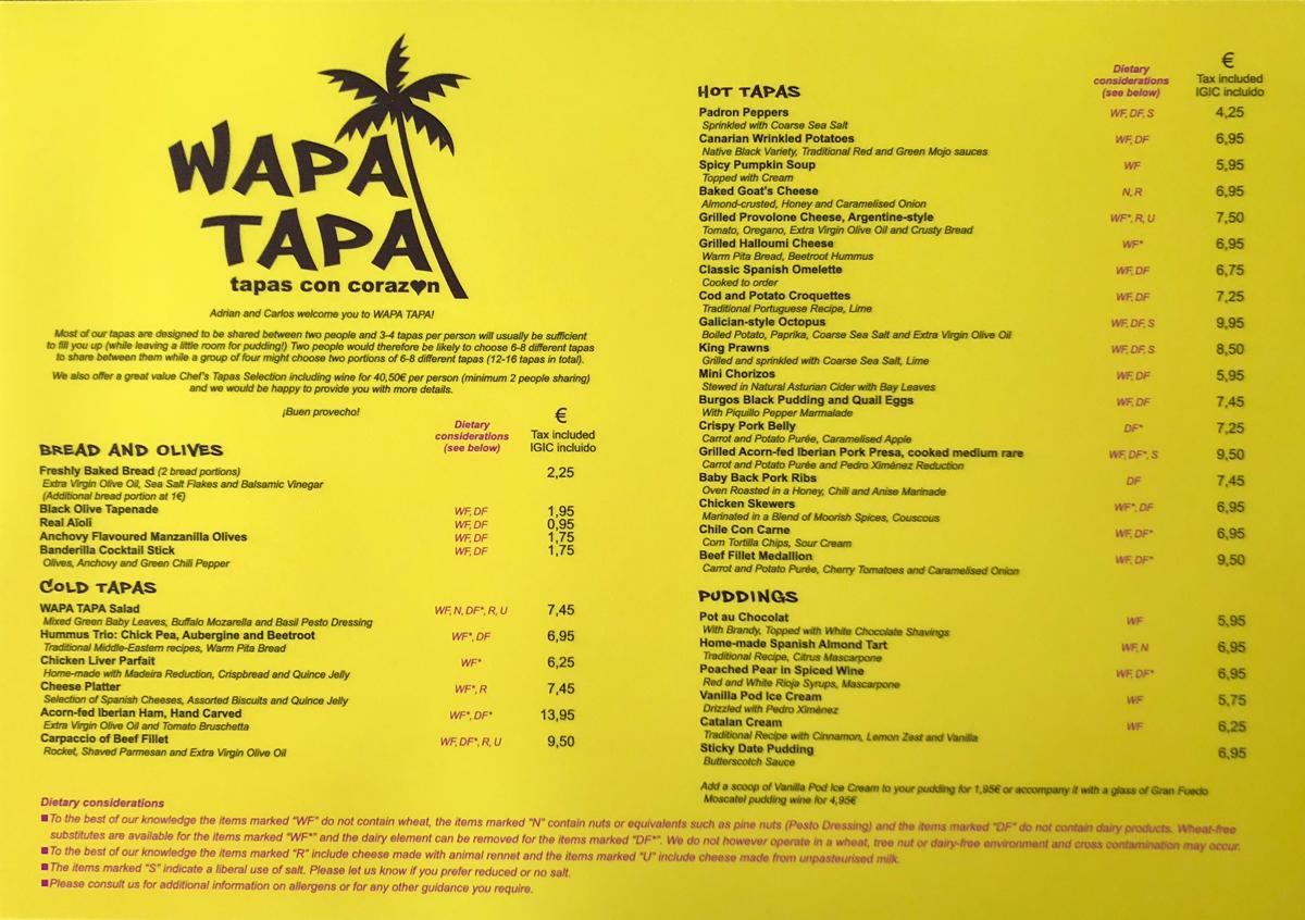Menu at Wapa Tapa pub & bar, Maspalomas