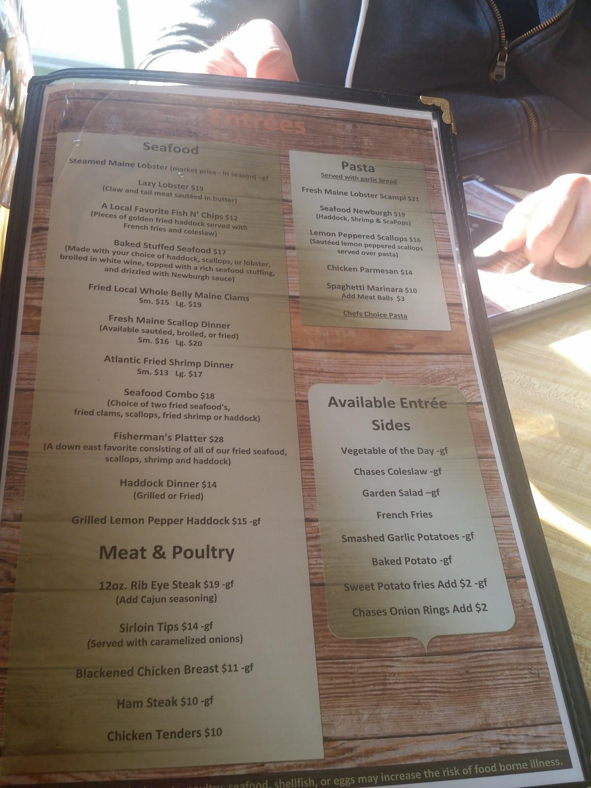 Menu at Chase's Restaurant, Winter Harbor