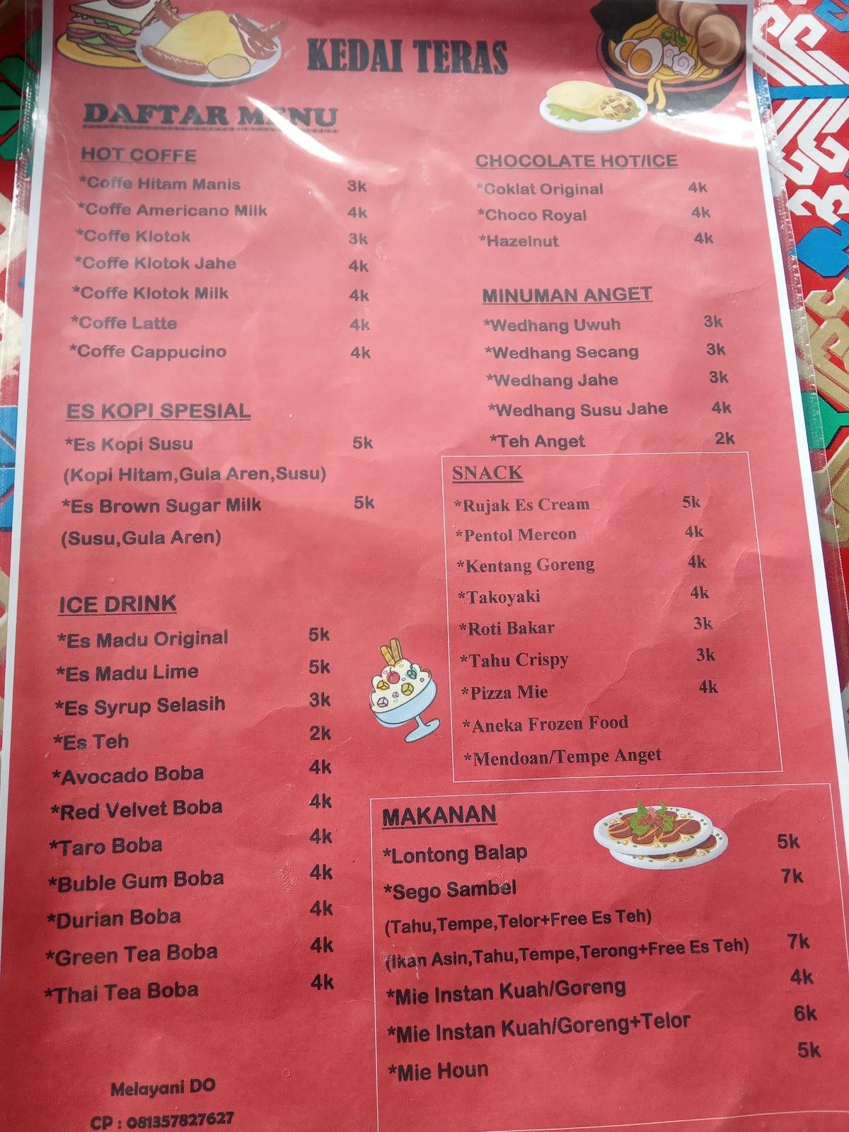 Menu at Kedai Teras Sumuragung Sumberrejo Bojonegoro restaurant, Sumuragung