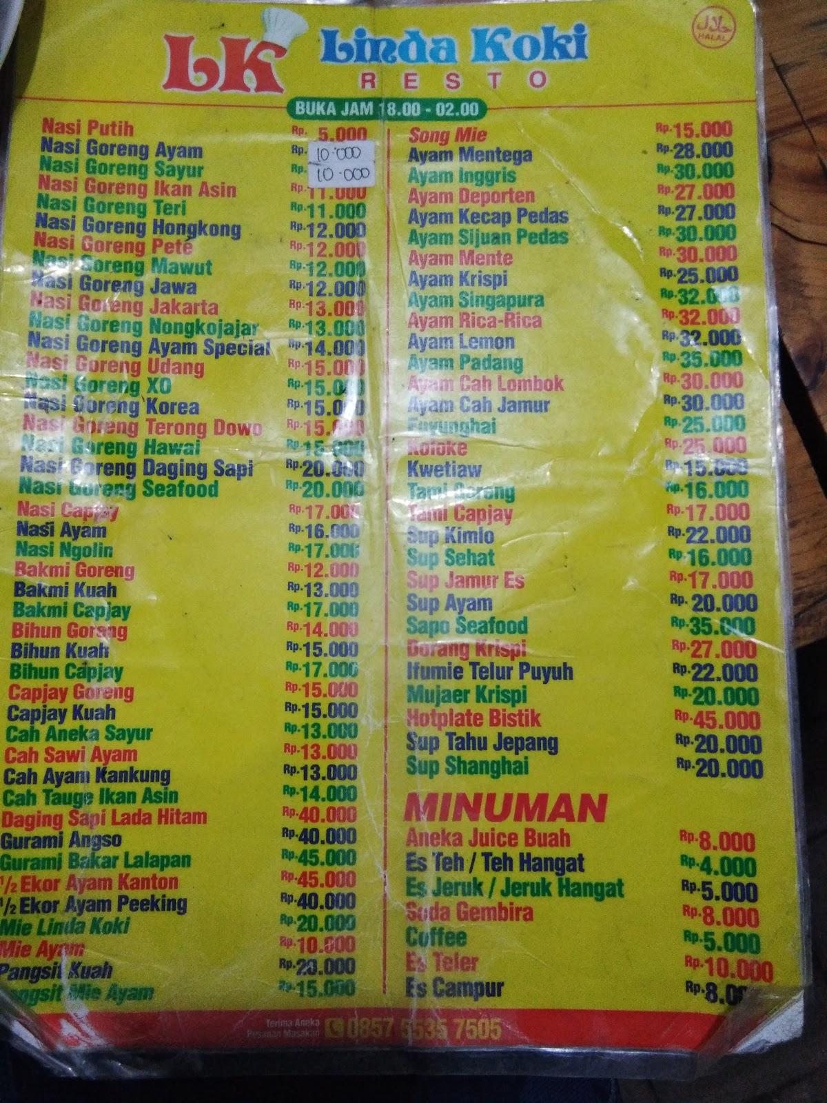 Menu at Linda Koki restaurant, Mangliawan