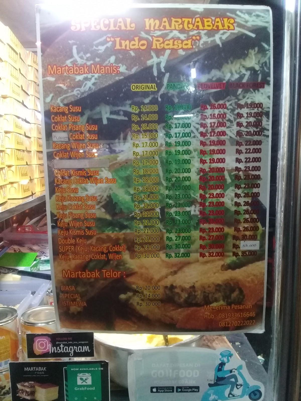 Menu at Martabak Indo Rasa Sorogenen restaurant, Yogyakarta