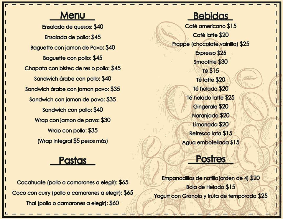Menu at Organica cafe, San José Iturbide