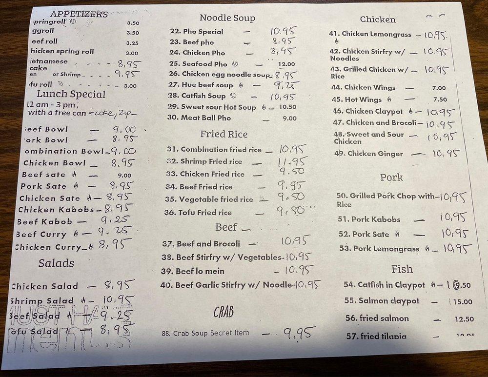 Menu at Pho Hong Saigon restaurant, Dillon