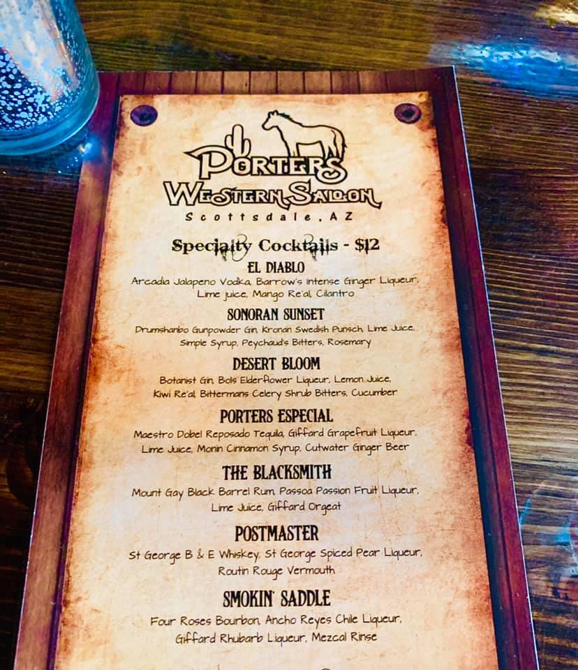 Menu at Porters Western Saloon pub & bar, Scottsdale