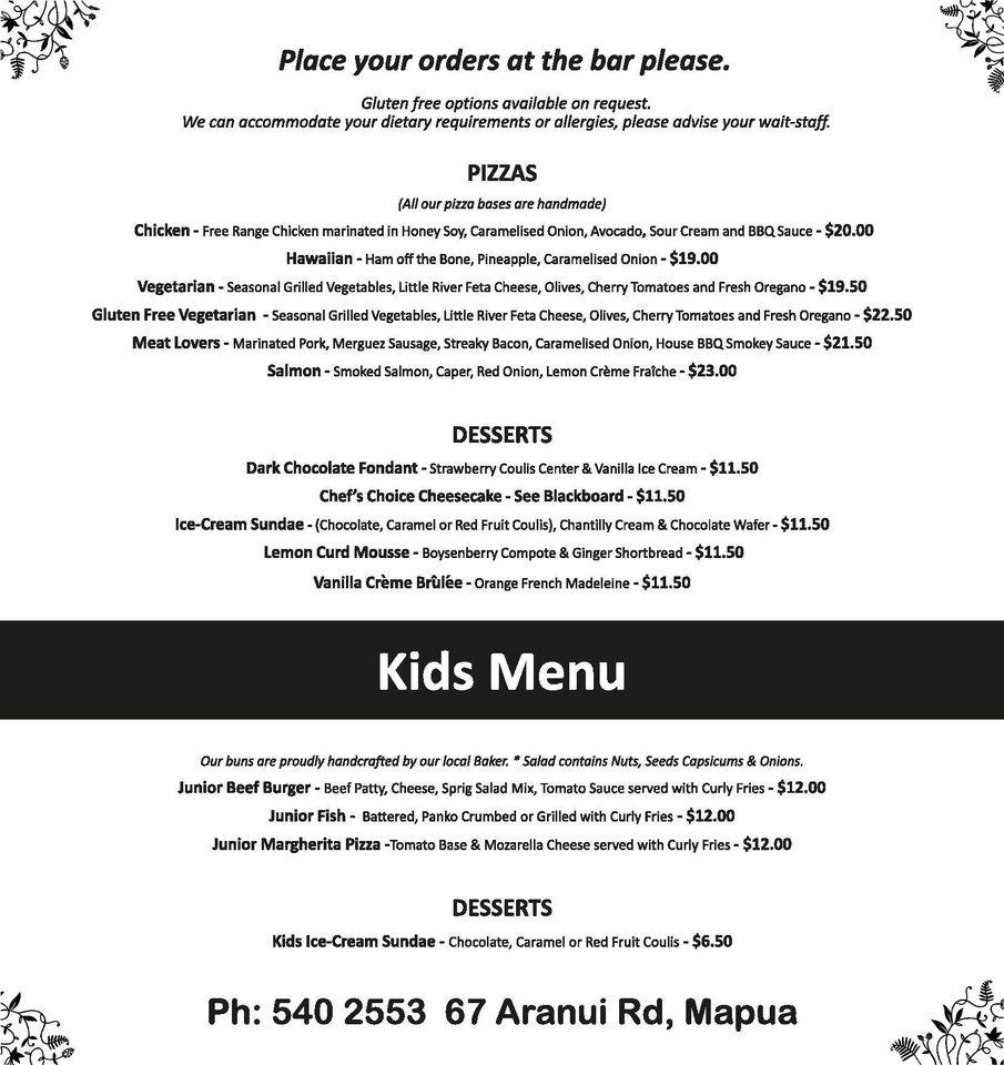 Menu at Sprig & Fern Mapua pub & bar, Mapua, 67 Aranui Street