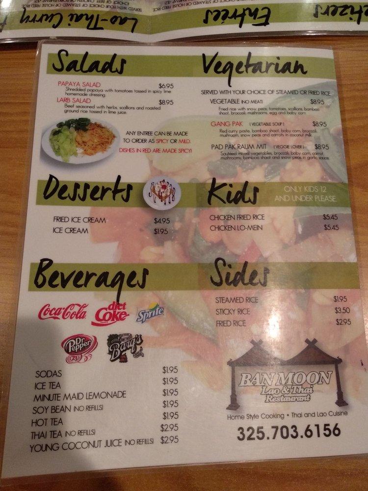 Menu at Ban Moon restaurant, San Angelo, 405 W Ave N