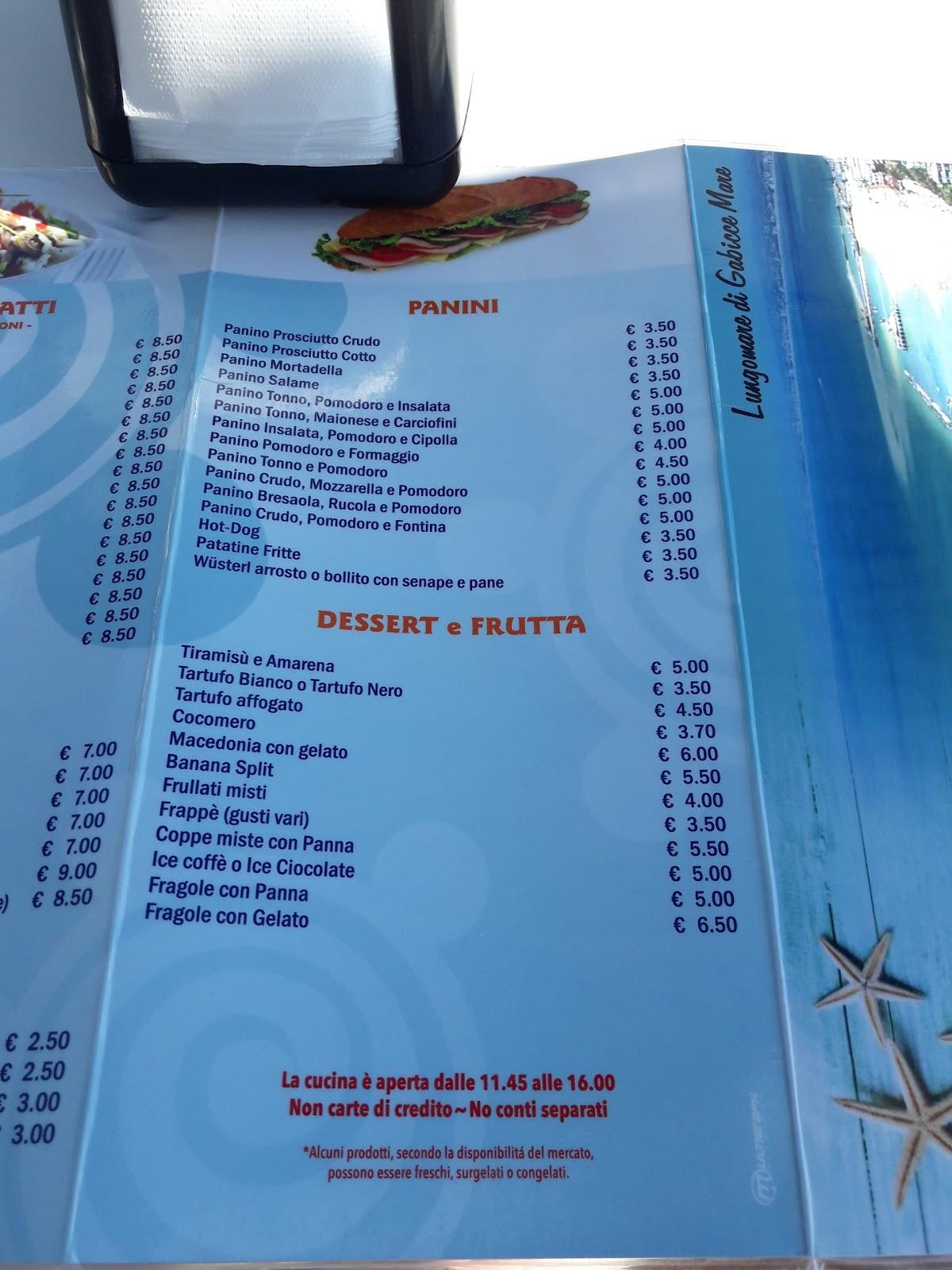 Menu at Bar Spiaggia, Gabicce Mare