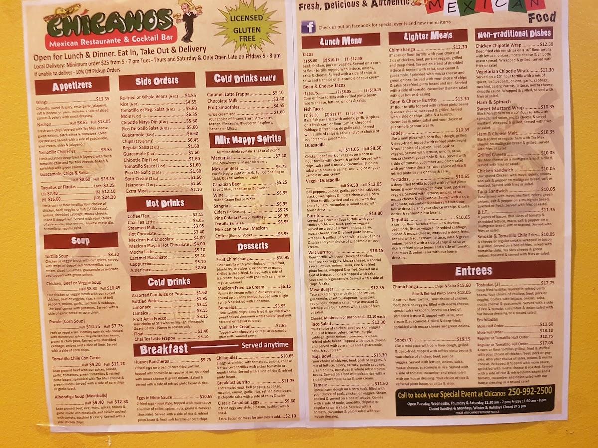 Menu at Chicanos Mexican Restaurante, Quesnel