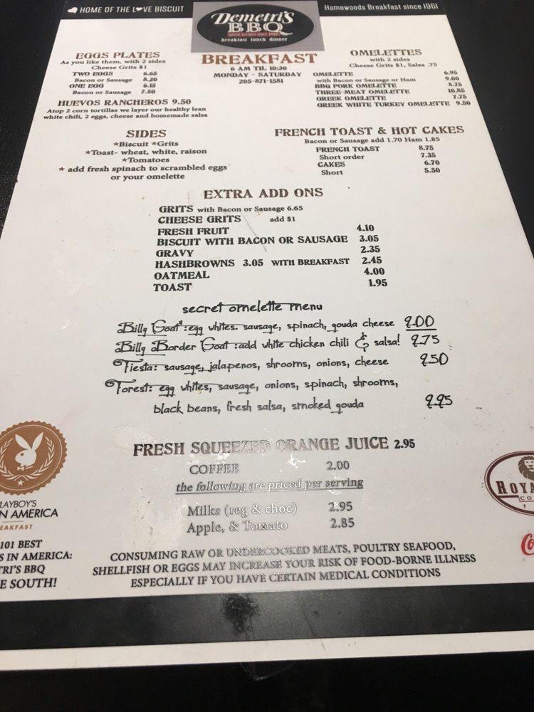 Menu at Demetri's BBQ, Homewood
