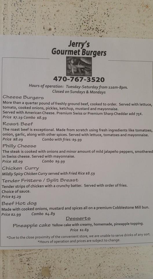 Menu at Jerry's Gourmet Burgers restaurant, Villa Rica