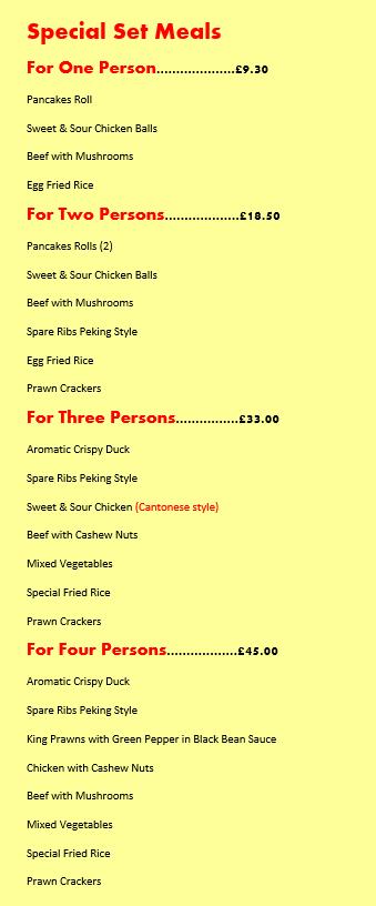 Menu at Lee's House restaurant, Sheffield