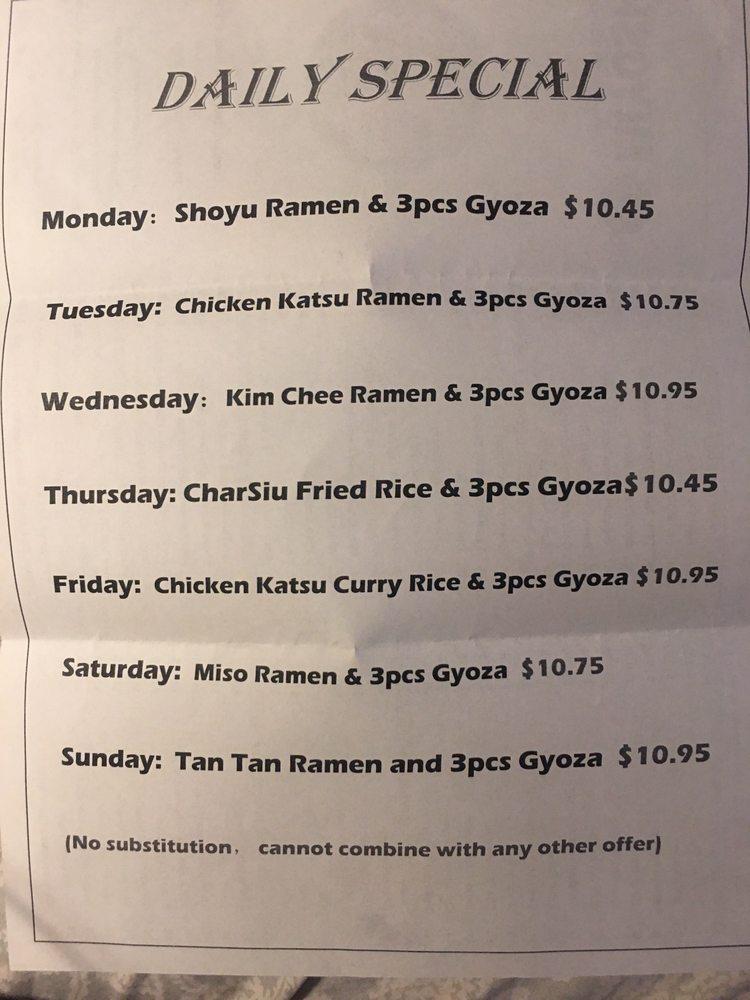 Menu at Miyoshi Ramen restaurant, Kailua