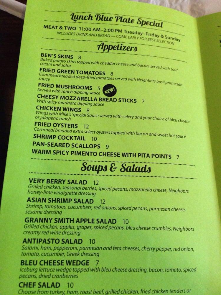 Menu at Neighbors Cafe, Batesburg-Leesville