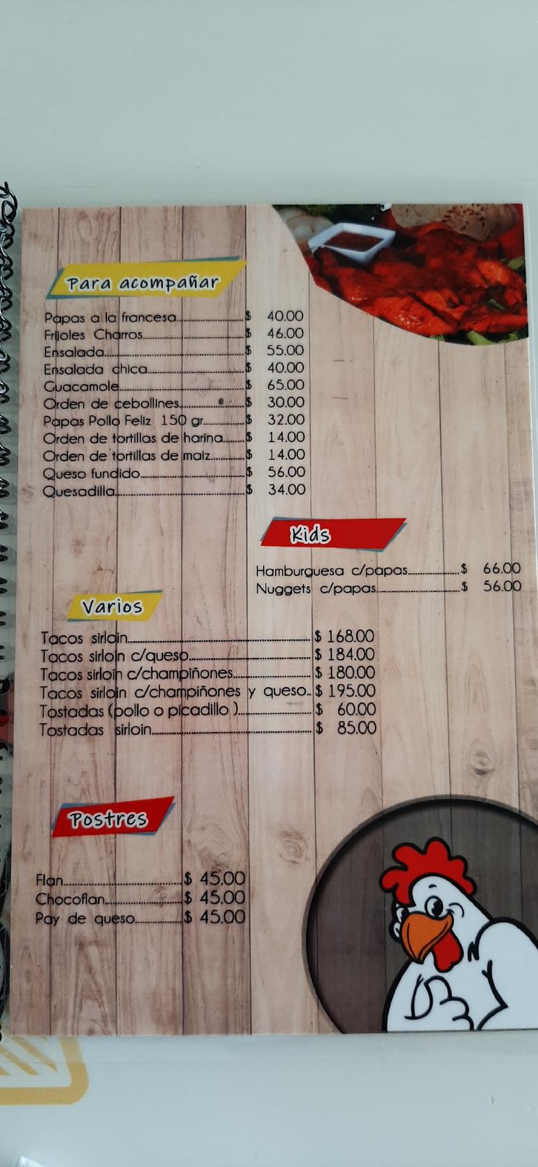 Carta del restaurante Pollo Feliz, Paso del Toro