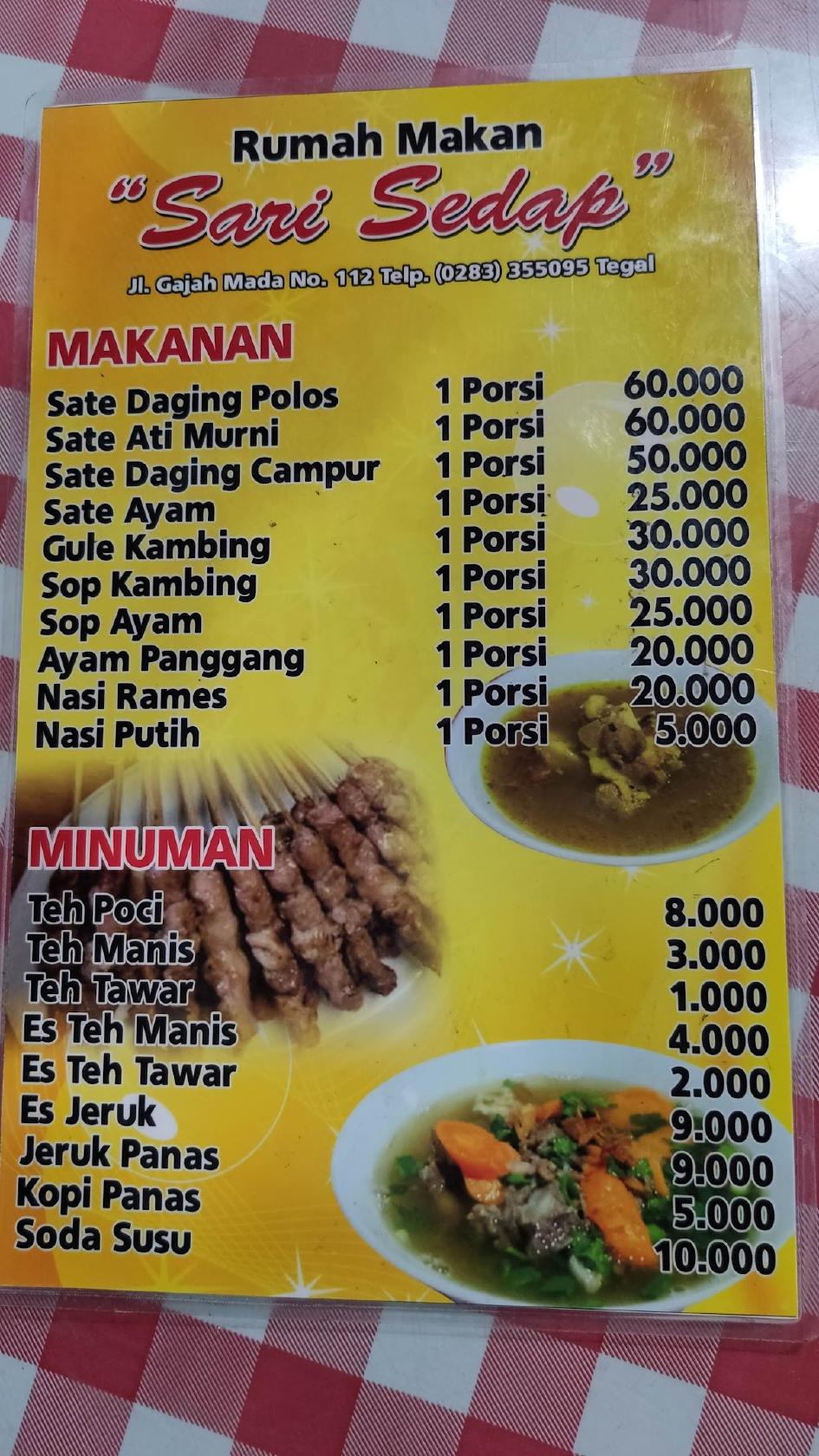 Carta del restaurante Sari Sedap Sate Kambing Paling Enak, Tegal